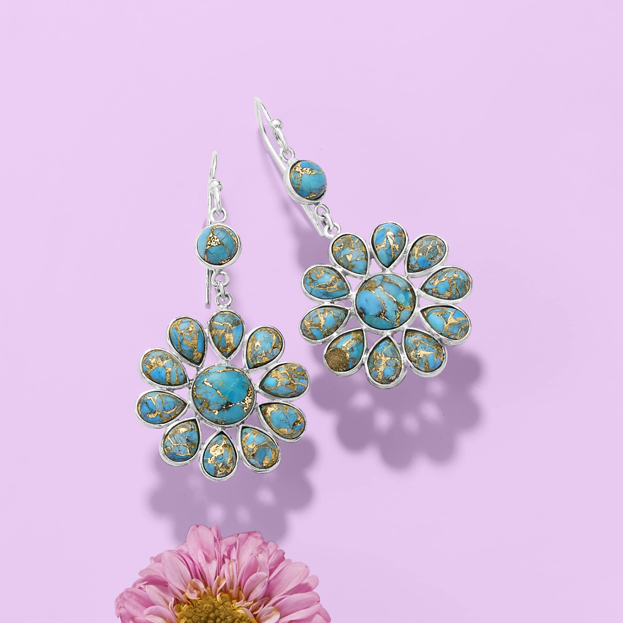 Ross-Simons Turquoise Flower Drop Earrings in Sterling Silver