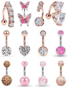 vsnnsns 14g belly button rings belly rings for women stainless steel cz opal belly piercing jewelry surgical steel butterfly belly button rings curved navel ring body jewelry piercing rose gold