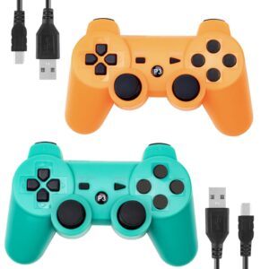 Rzzhgzq 2 Pack PS3 Wireless Controller Playstation 3 Controller Wireless Bluetooth Gamepad with USB Charger Cable for PS3 Console (GRN+ORG)