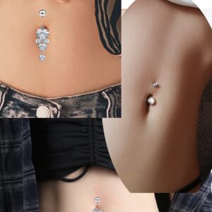 Vsnnsns 14G Belly Button Rings for Women Stainless Steel CZ Opal Long Dangle Belly Button Piercing Jewelry Belly Rings Bars Curved Navel Ring Barbell Body Jewelry Piercing for Women Men Silver 8Pcs