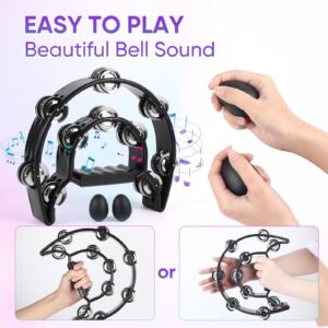 Tambourine Double Row Metal Jingles Bell Hand Held Percussion Half Moon Tambourines Musical Instrument for Adults Kids Party, KTV, Events, Church (Black)