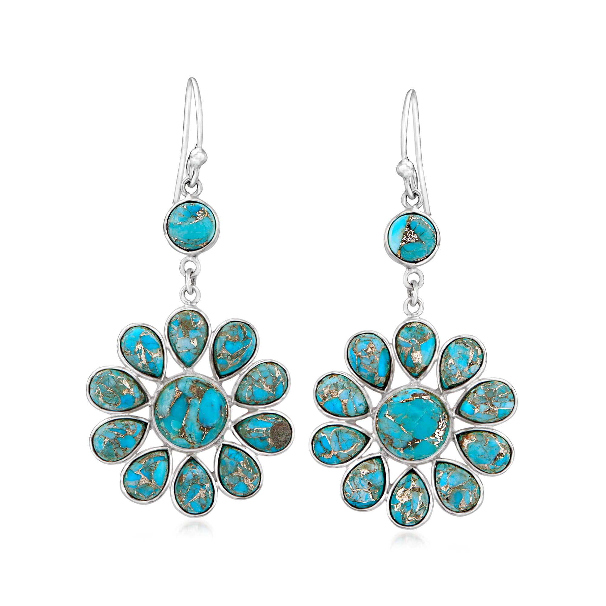 Ross-Simons Turquoise Flower Drop Earrings in Sterling Silver