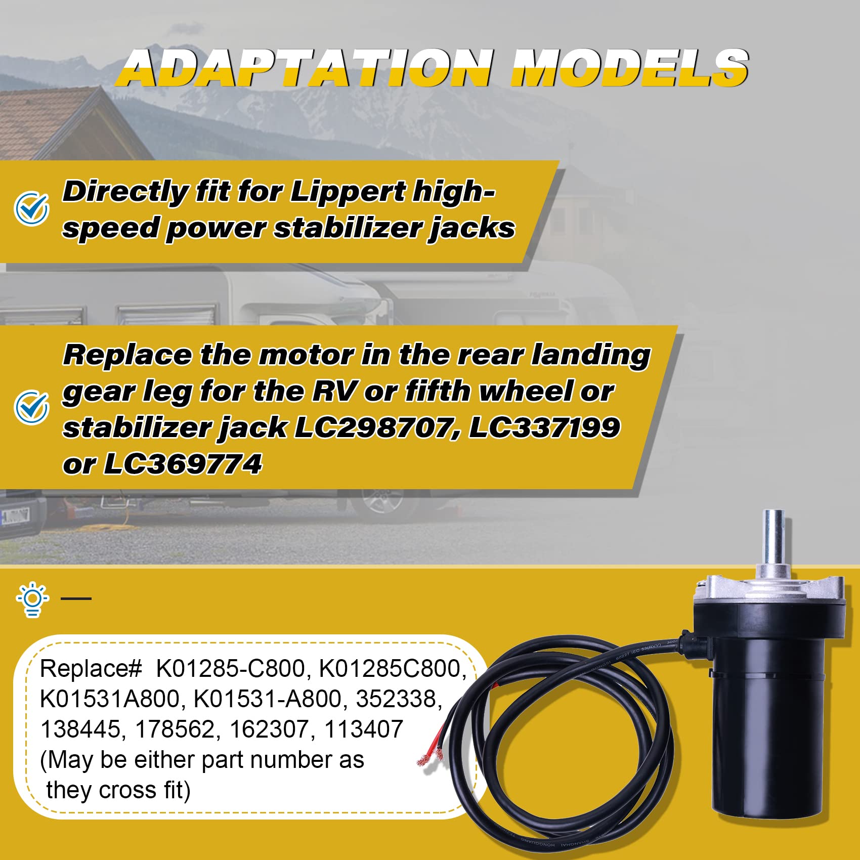 Rear Electric Stabilizer Jack Motor Compatible with Lippert 113407, 352338, 138445, 178562, 162307, for Stabilizer Jacks 337199 369774 298707 | Replace# K01285-C800, K01285C800, K01531A800 K01531-A800