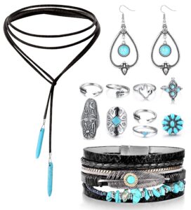 sanfenly bohemian turquoise jewelry pendant suede long choker necklace vintage turquoise statement dangle earrings boho leather cuff bracelet with stackable knuckle rings set for women, metal, cubic