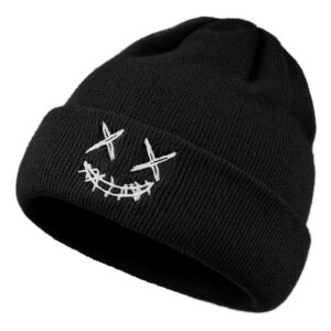 croogo smile beanie for men women embroidery slouchy knit beanie hat winter hat skull cap soft stocking hats,black-kh26