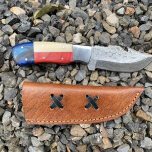 NUSHBA 012 Handmade Damascus Gut Hook Skinning Hunting Knife With Cow Brown Leather Sheath- Best Damascus Steel American Flag Handle Hunting Knife