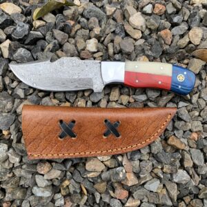 NUSHBA 012 Handmade Damascus Gut Hook Skinning Hunting Knife With Cow Brown Leather Sheath- Best Damascus Steel American Flag Handle Hunting Knife