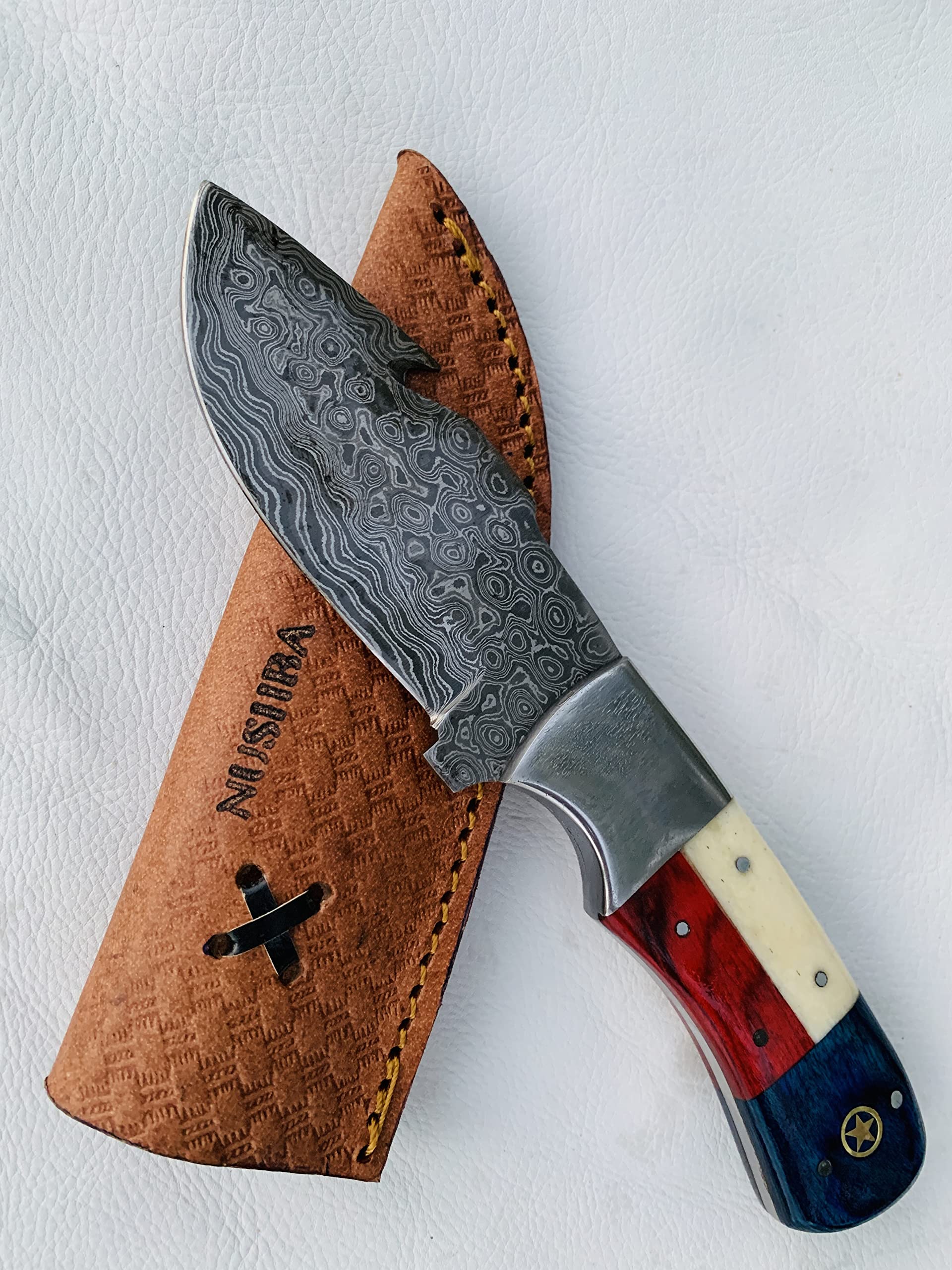 NUSHBA 012 Handmade Damascus Gut Hook Skinning Hunting Knife With Cow Brown Leather Sheath- Best Damascus Steel American Flag Handle Hunting Knife