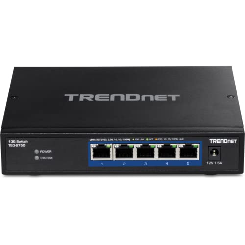 TRENDnet 5-Port 10G Switch, 5 x 10G RJ-45 Ports, 100Gbps Switching Capacity, Supports 2.5G and 5G-BASE-T Connections, Lifetime Protection, Black, TEG-S750