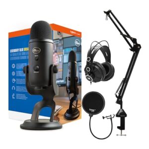 blue microphone yeti usb microphone bundle with headphones, boom arm microphone, and pop filter for broadcasting and recording microphones (4 items)