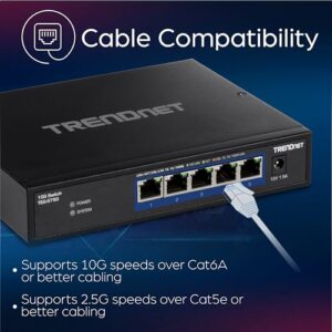 TRENDnet 5-Port 10G Switch, 5 x 10G RJ-45 Ports, 100Gbps Switching Capacity, Supports 2.5G and 5G-BASE-T Connections, Lifetime Protection, Black, TEG-S750