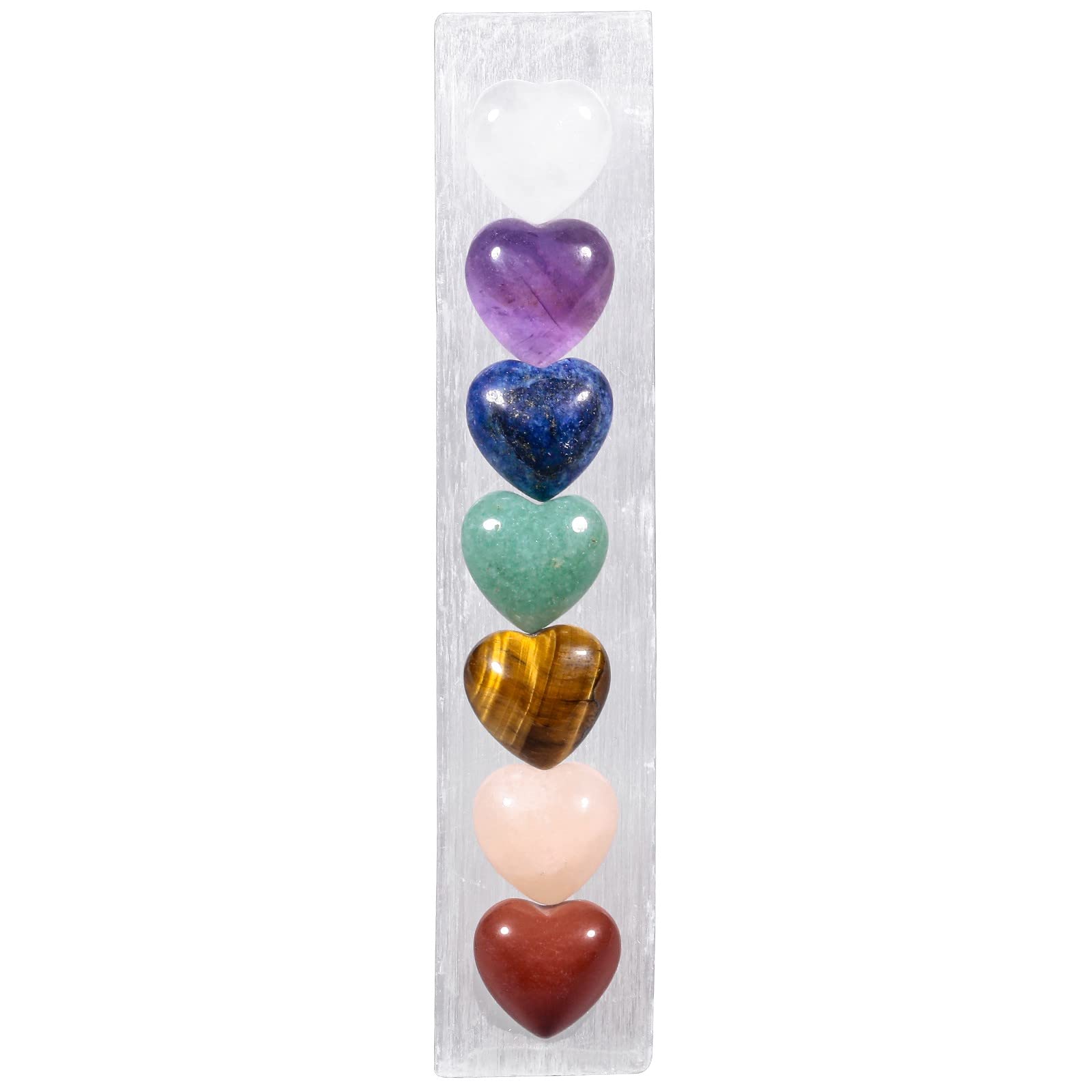 TUMBEELLUWA 4.37in Selenite Stick with 7 Chakra Crystal Heart Stones Oblong Energy Selenite Wand Glueing with Love Shape Stones for Meditation Yoga and Balancing