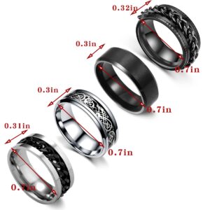 YOOESTORES82 4Pcs Band Rings for Men Stainless Steel Spinner Rings for Men Women Chain Rings Cool Black Ring Set Anxiety Ring Wedding Ring (Black+Silver, 8)