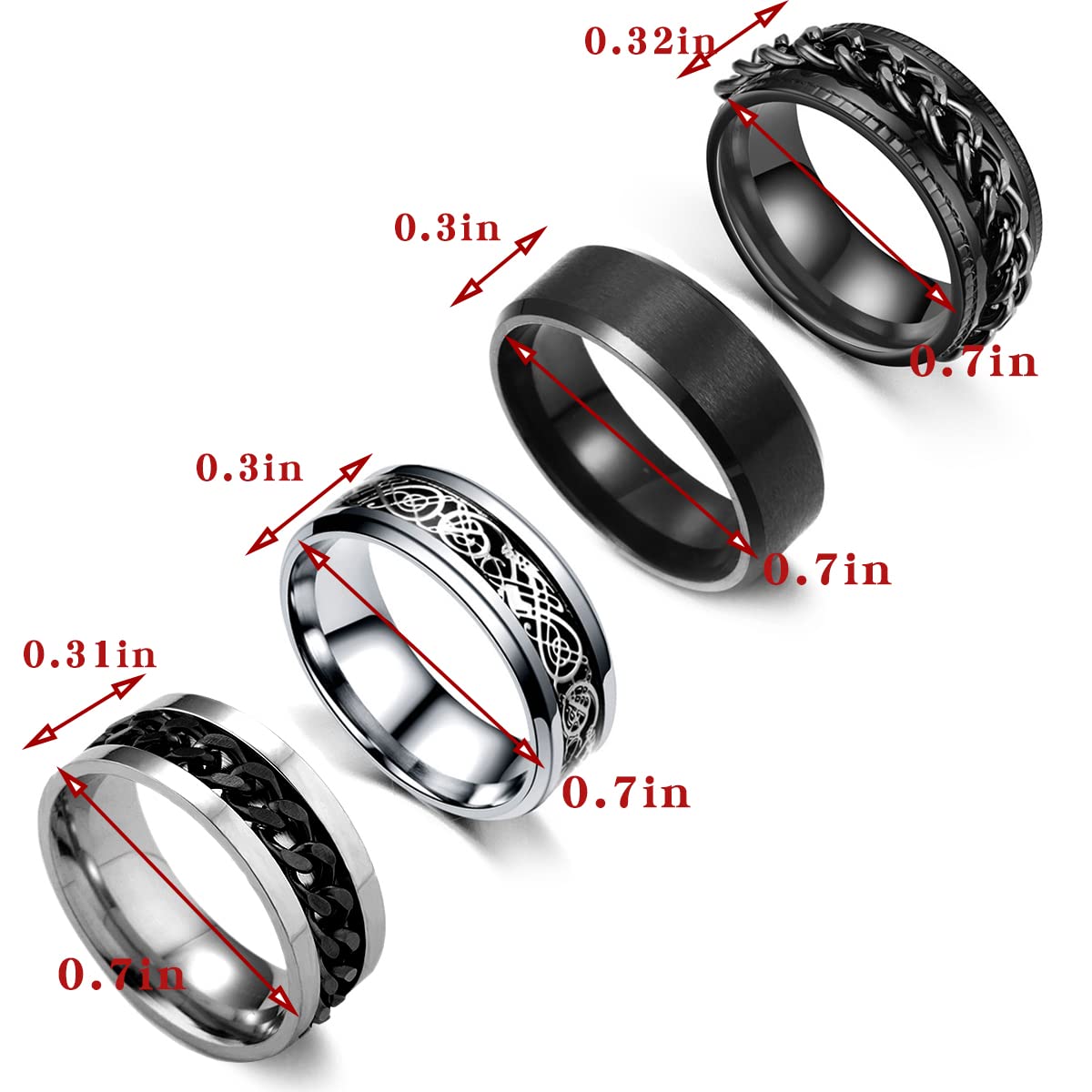 YOOESTORES82 4Pcs Band Rings for Men Stainless Steel Spinner Rings for Men Women Chain Rings Cool Black Ring Set Anxiety Ring Wedding Ring (Black+Silver, 8)