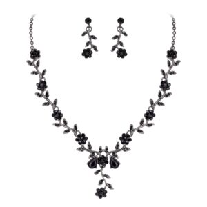 brilove women's wedding jewelry leaf cluster flower crystal dangle earrings pendant necklace set for bridal black black-tone