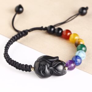 Jewever 7 Chakra Bracelet for Women Fox Black Obsidian Crystals and Gemstones Braided Rope Natural Stone Yoga Meditation Beads Bangle