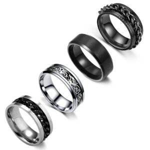 yooestores82 4pcs band rings for men stainless steel spinner rings for men women chain rings cool black ring set anxiety ring wedding ring (black+silver, 8)