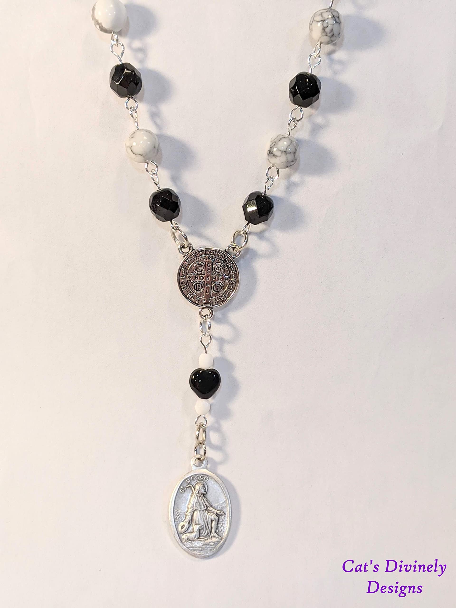 St. Rocco White Howlite & Jet Black Car/Vehicle Rosary