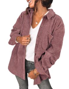 saslax womens corduroy shirt long sleeve oversized button up v neck blouses tops loose shacket jacket with pockets mauve l