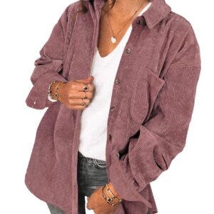 Saslax Womens Corduroy Shirt Long Sleeve Oversized Button Up V Neck Blouses Tops Loose Shacket Jacket with Pockets Mauve L