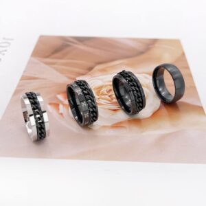 YOOESTORES82 4Pcs Band Rings for Men Stainless Steel Spinner Rings for Men Women Chain Rings Cool Black Ring Set Anxiety Ring Wedding Ring (Black+Silver, 8)