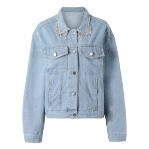 Women's Jean Jacket Rhinestone Tassel Denim Jackets Fashion Diamond Crystal Fringe Button Cropped Trucker Jackets