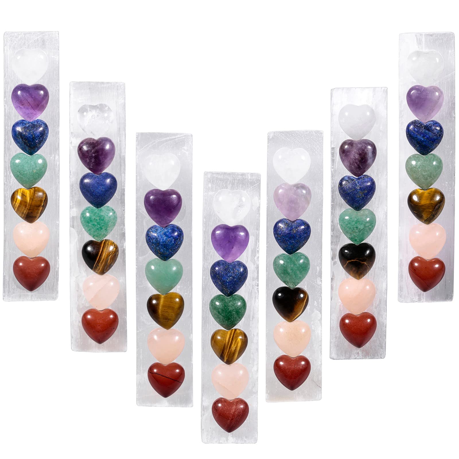 TUMBEELLUWA 4.37in Selenite Stick with 7 Chakra Crystal Heart Stones Oblong Energy Selenite Wand Glueing with Love Shape Stones for Meditation Yoga and Balancing