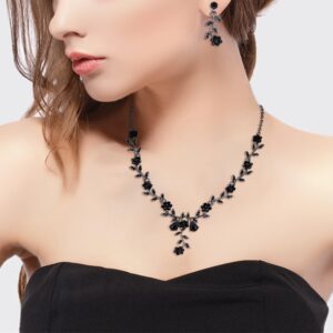 BriLove Women's Wedding Jewelry Leaf Cluster Flower Crystal Dangle Earrings Pendant Necklace Set for Bridal Black Black-Tone