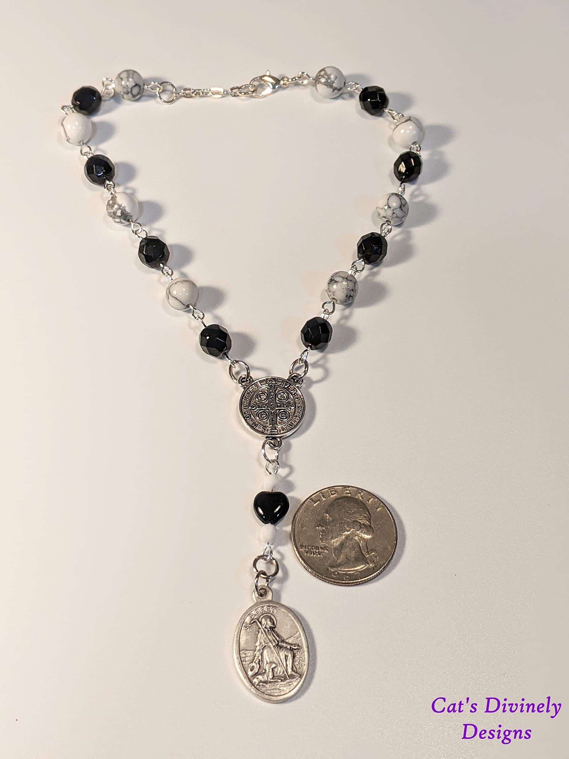 St. Rocco White Howlite & Jet Black Car/Vehicle Rosary