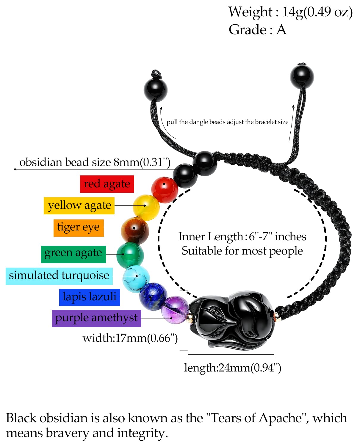 Jewever 7 Chakra Bracelet for Women Fox Black Obsidian Crystals and Gemstones Braided Rope Natural Stone Yoga Meditation Beads Bangle