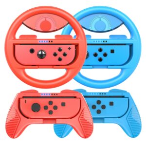 switch steering wheel grips for switch controller & joycon hand grips 4 pack for mario kart 8 deluxe,accessories racing wheel kit grips(blue &red)