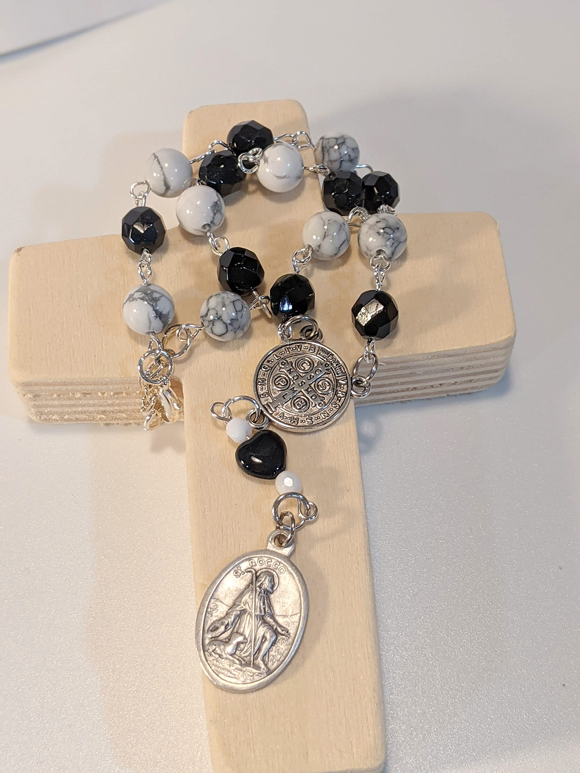 St. Rocco White Howlite & Jet Black Car/Vehicle Rosary