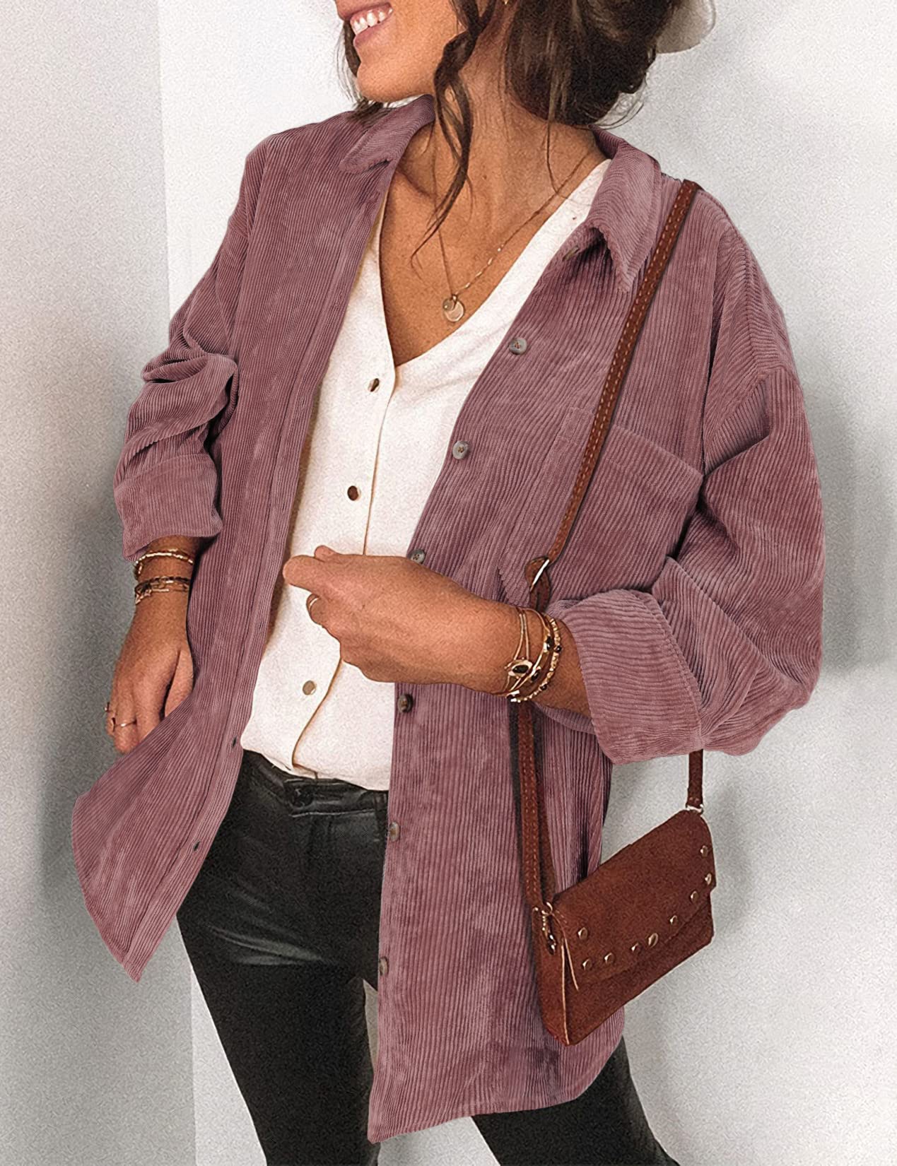 Saslax Womens Corduroy Shirt Long Sleeve Oversized Button Up V Neck Blouses Tops Loose Shacket Jacket with Pockets Mauve L