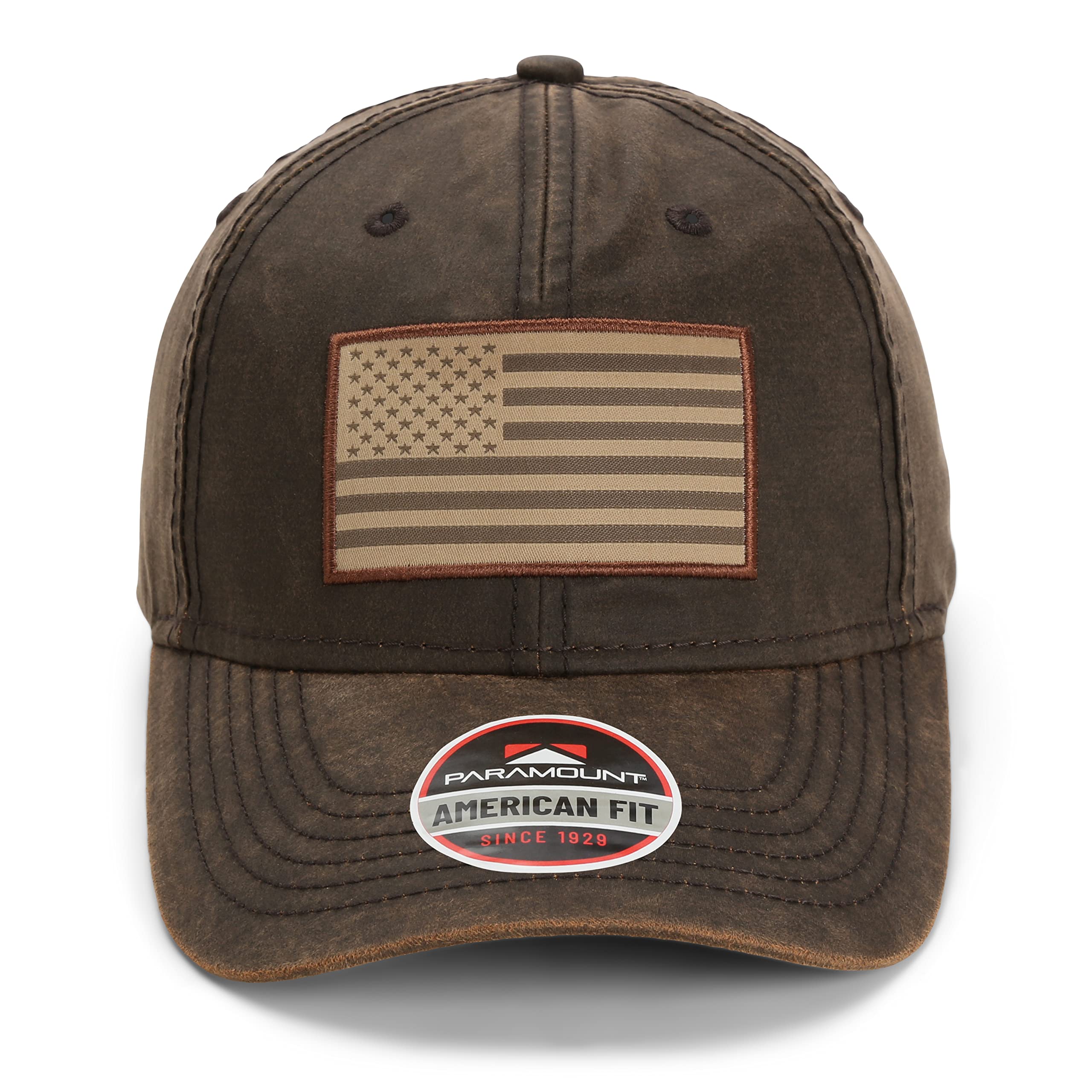 Waxed Cloth American Flag Cap American Fit US Flag Cap Fits Head Size MD - 2X (Brown)