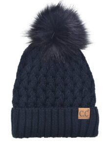 c.c women’s winter cable sherpa fleece lined ribbed beanie lattice braided knit crossover stitch faux fur pom soft warm hat