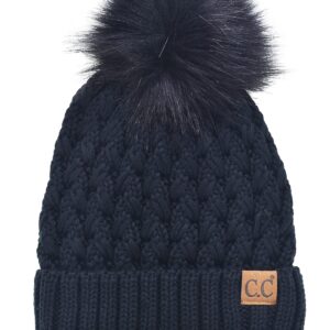 C.C Women’s Winter Cable Sherpa Fleece Lined Ribbed Beanie Lattice Braided Knit Crossover Stitch Faux Fur Pom Soft Warm Hat