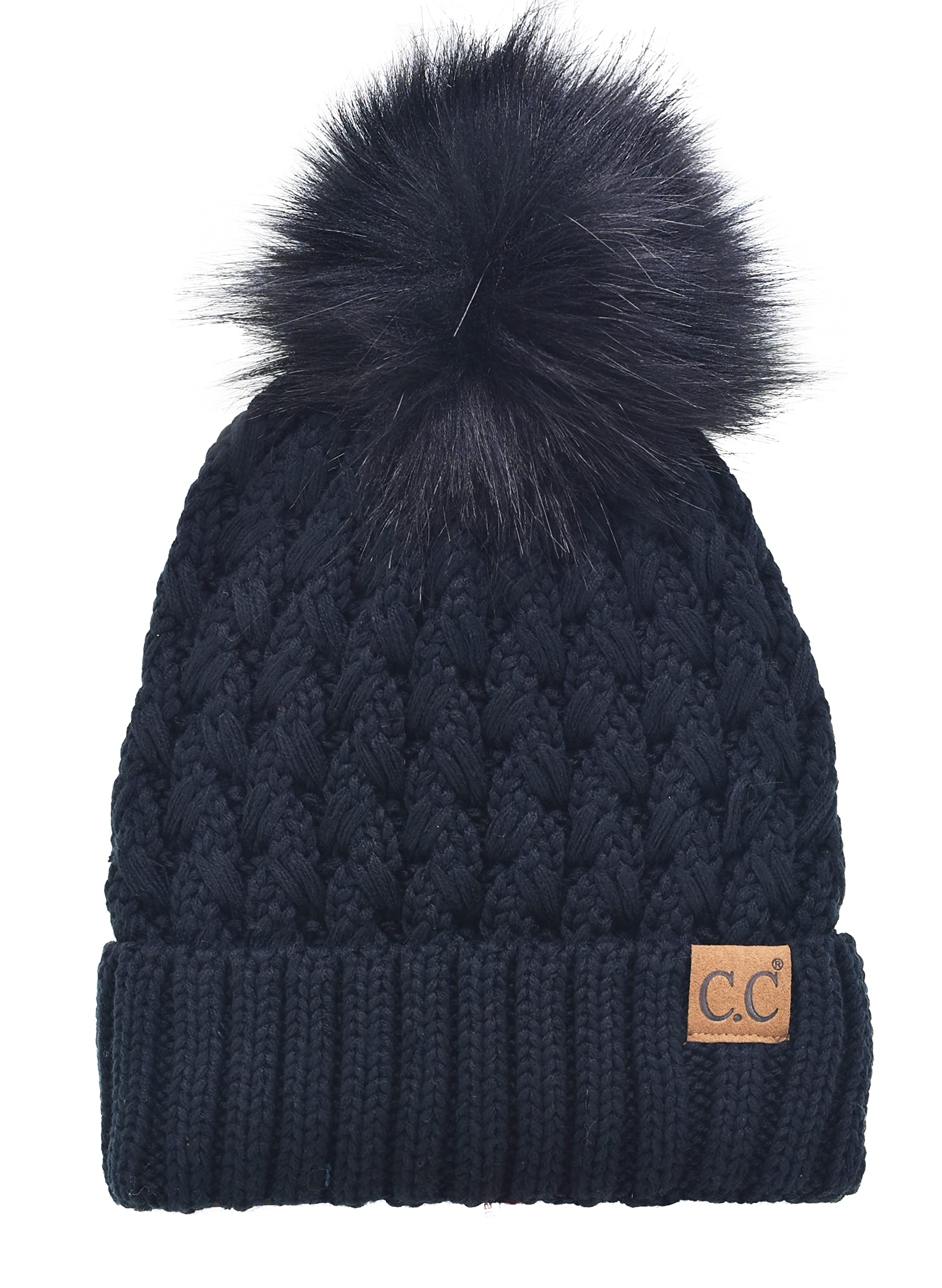 C.C Women’s Winter Cable Sherpa Fleece Lined Ribbed Beanie Lattice Braided Knit Crossover Stitch Faux Fur Pom Soft Warm Hat