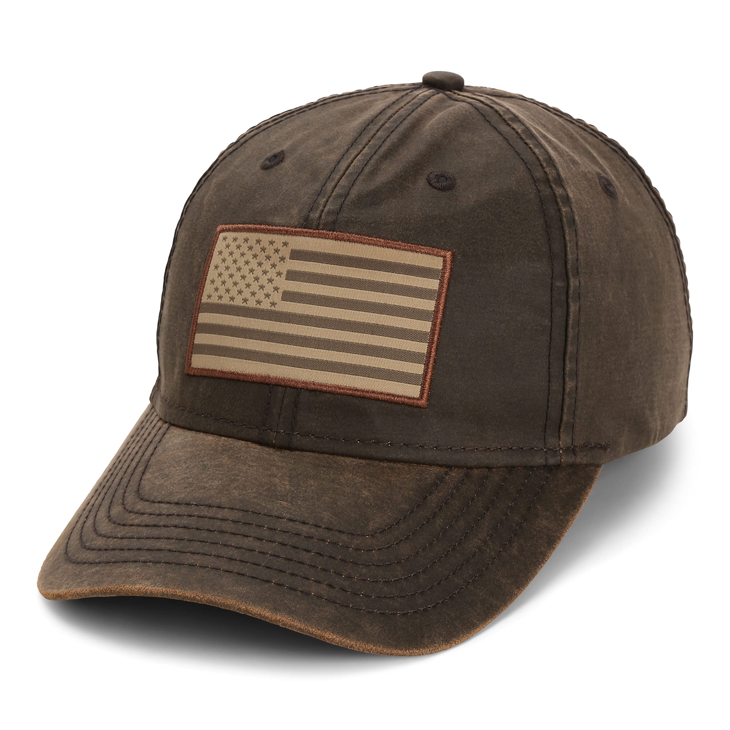 Waxed Cloth American Flag Cap American Fit US Flag Cap Fits Head Size MD - 2X (Brown)