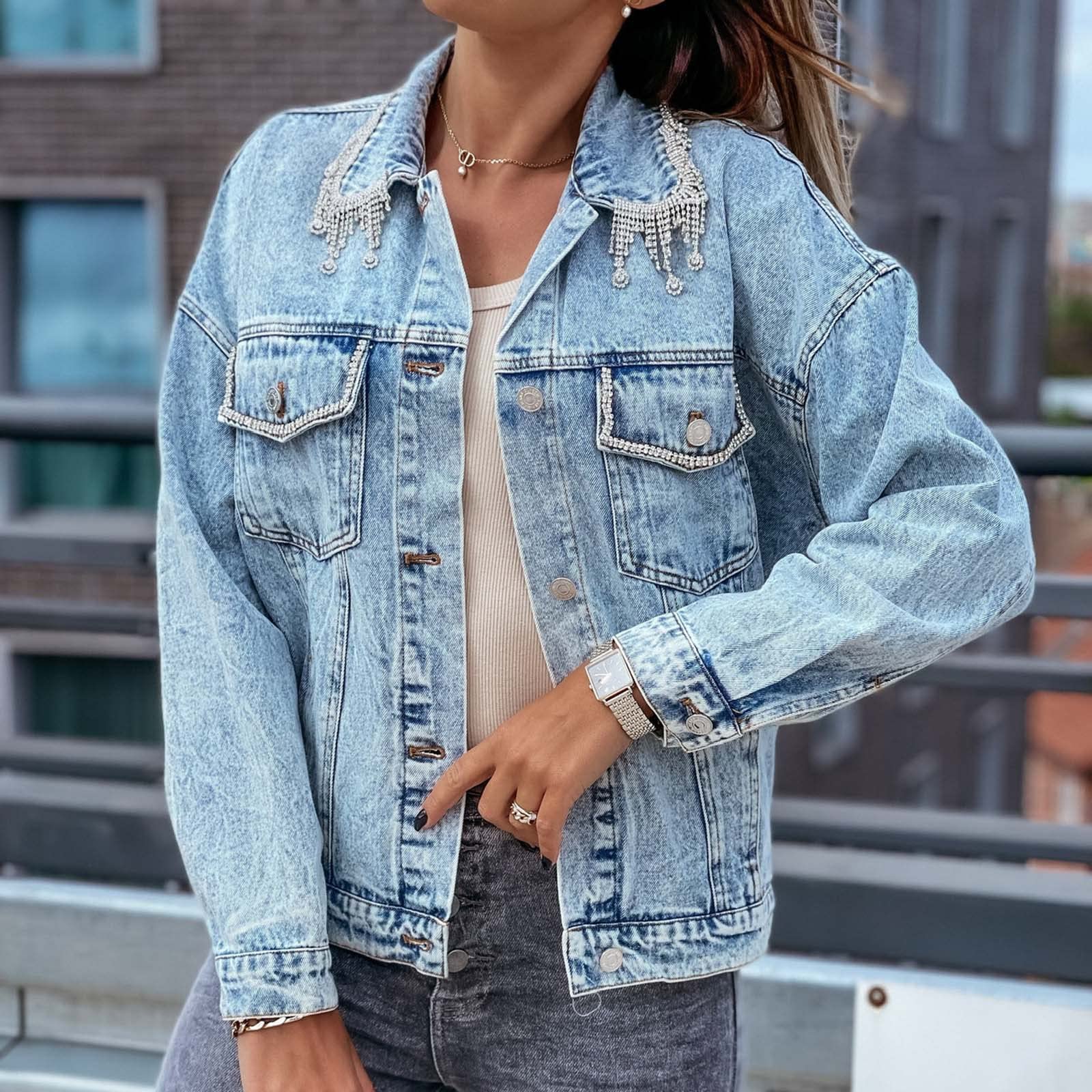 Women's Jean Jacket Rhinestone Tassel Denim Jackets Fashion Diamond Crystal Fringe Button Cropped Trucker Jackets