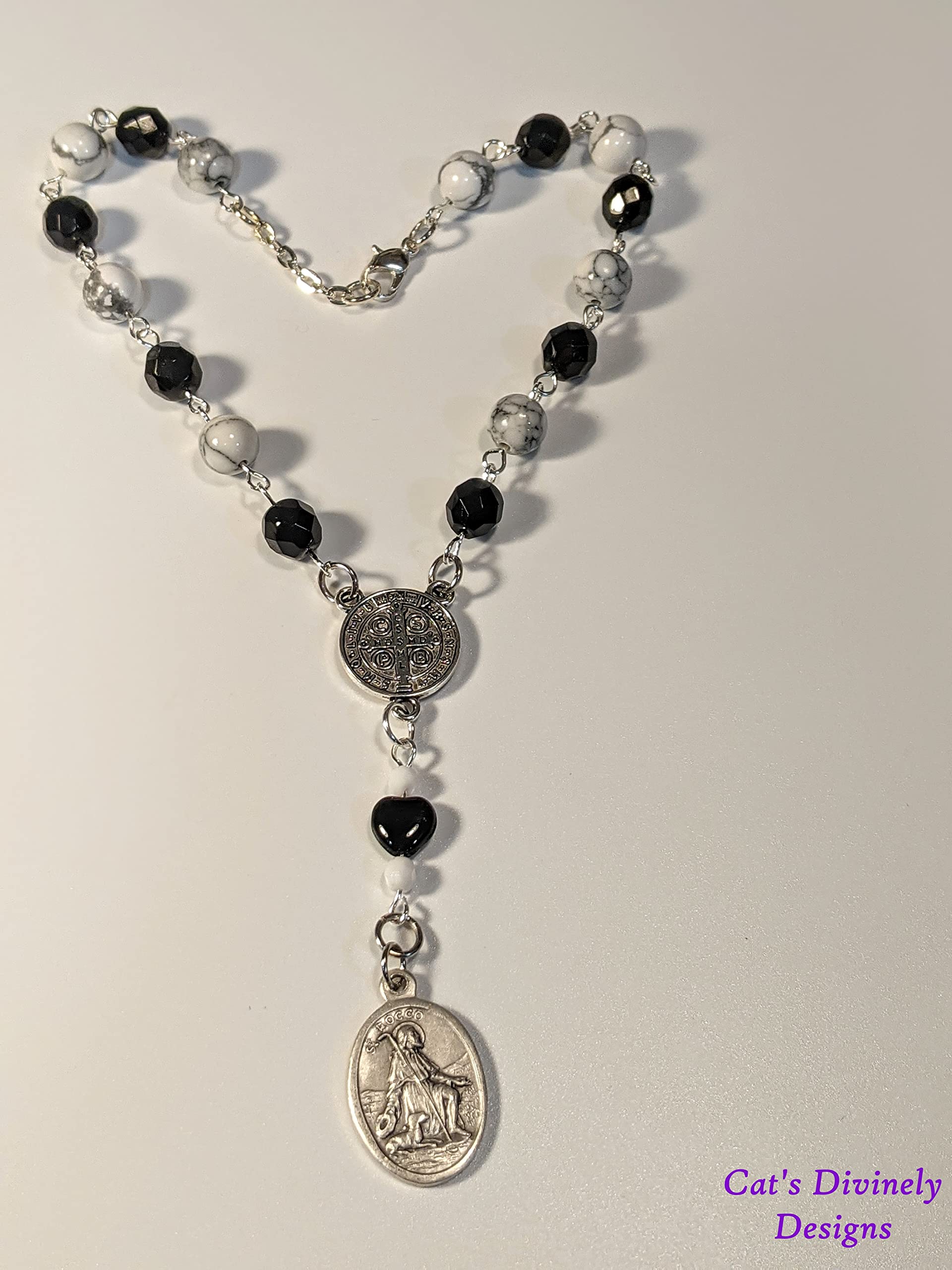 St. Rocco White Howlite & Jet Black Car/Vehicle Rosary