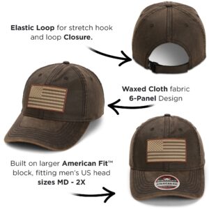 Waxed Cloth American Flag Cap American Fit US Flag Cap Fits Head Size MD - 2X (Brown)