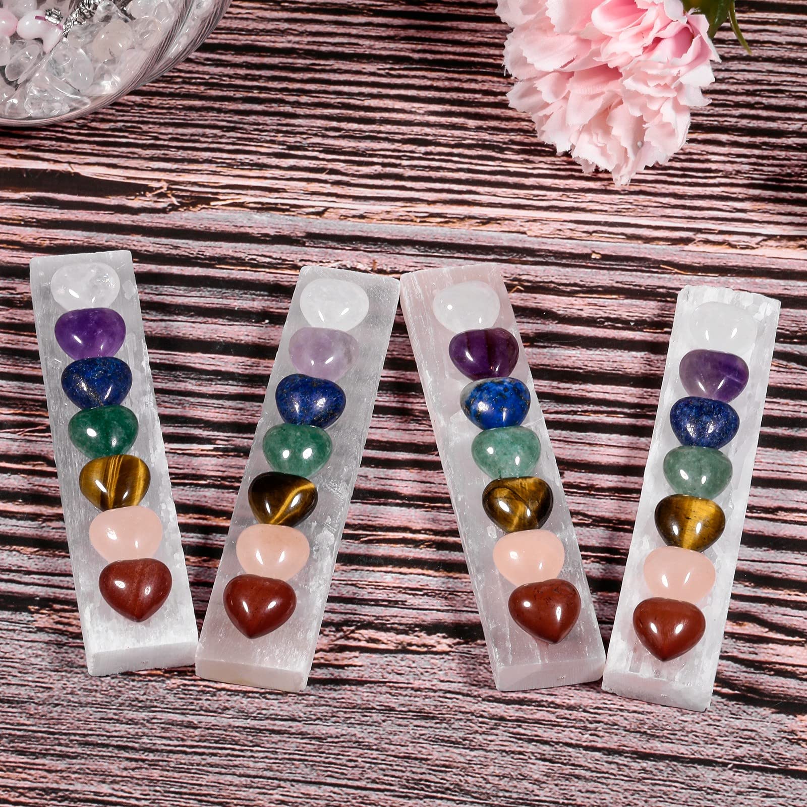 TUMBEELLUWA 4.37in Selenite Stick with 7 Chakra Crystal Heart Stones Oblong Energy Selenite Wand Glueing with Love Shape Stones for Meditation Yoga and Balancing