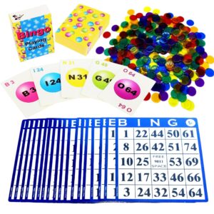 mr chips bingo game with bingo cards and chips - 18 bingo cards, 300 bingo chips and bingo calling cards - fun bingo games for family, reusable bingo cards, bingo game for kids