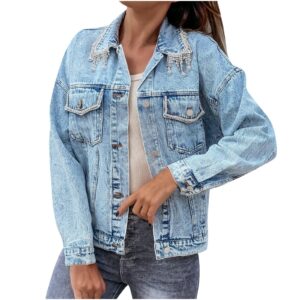 women's jean jacket rhinestone tassel denim jackets fashion diamond crystal fringe button cropped trucker jackets