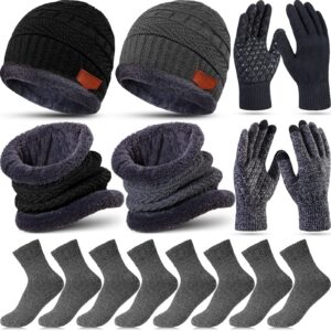 10 pieces winter hat beanie scarf touch screen gloves and sock set slouchy knit skull cap beanies fleece lining neck warmer (black, gray)