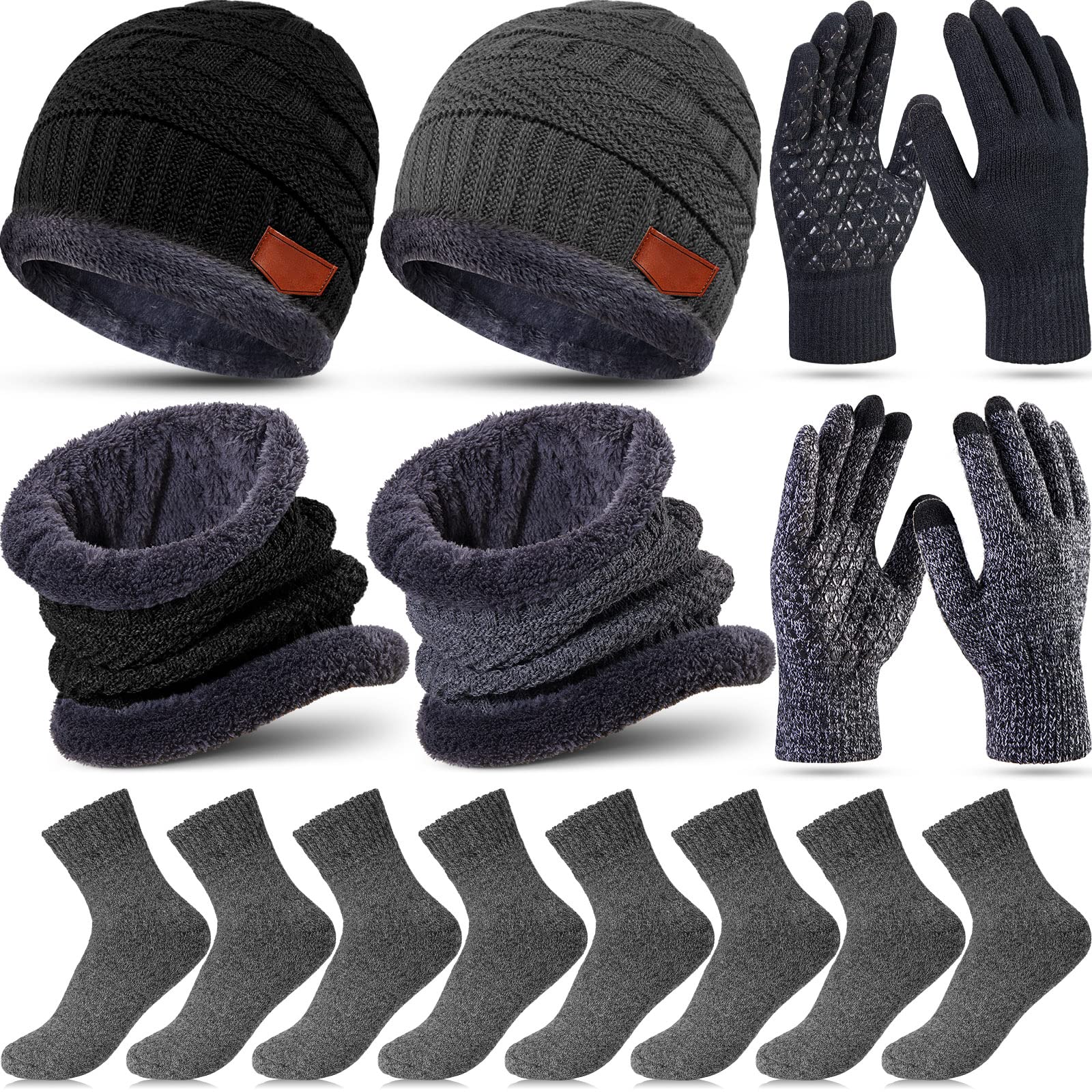 10 Pieces Winter Hat Beanie Scarf Touch Screen Gloves and Sock Set Slouchy Knit Skull Cap Beanies Fleece Lining Neck Warmer (Black, Gray)