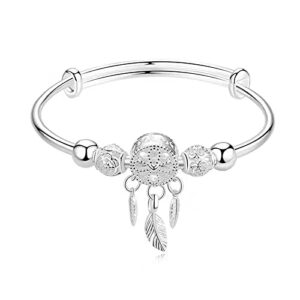 luckilemon silver dream catcher tassel feather charm bracelet bangle adjustable mother's day jewelry gift birthday christmas gifts for women mom wife