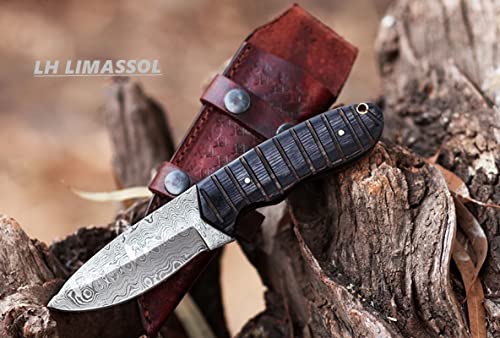 LH LIMASSOL 8 INCH Fixed Blade black Dollar Wood Custom Handmade Damascus Hunting knife/skinner knife/skinning knife with leather sheath