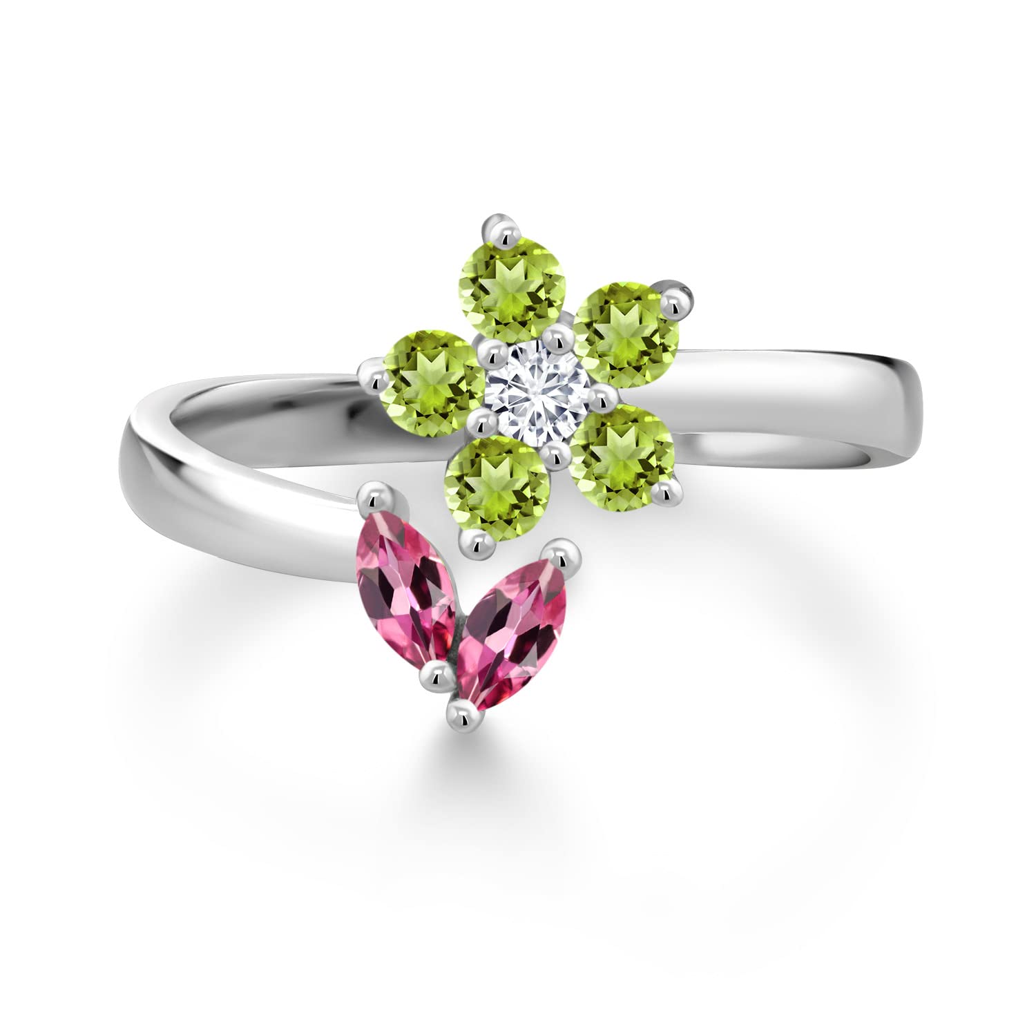 Gem Stone King 925 Sterling Silver Pink Tourmaline Green Peridot and White Lab Grown Diamond Flower Open Ring For Women (0.56 Cttw, Gemstone October Birthstone, Available In Size 5, 6, 7, 8, 9)