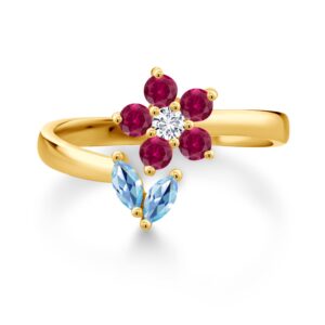 18K Yellow Gold Plated Silver Swiss Blue Topaz Red Created Ruby and White Lab Grown Diamond Flower Open Ring For Women (0.54 Cttw, Gemstone November Birthstone, Available In Size 5, 6, 7, 8, 9)